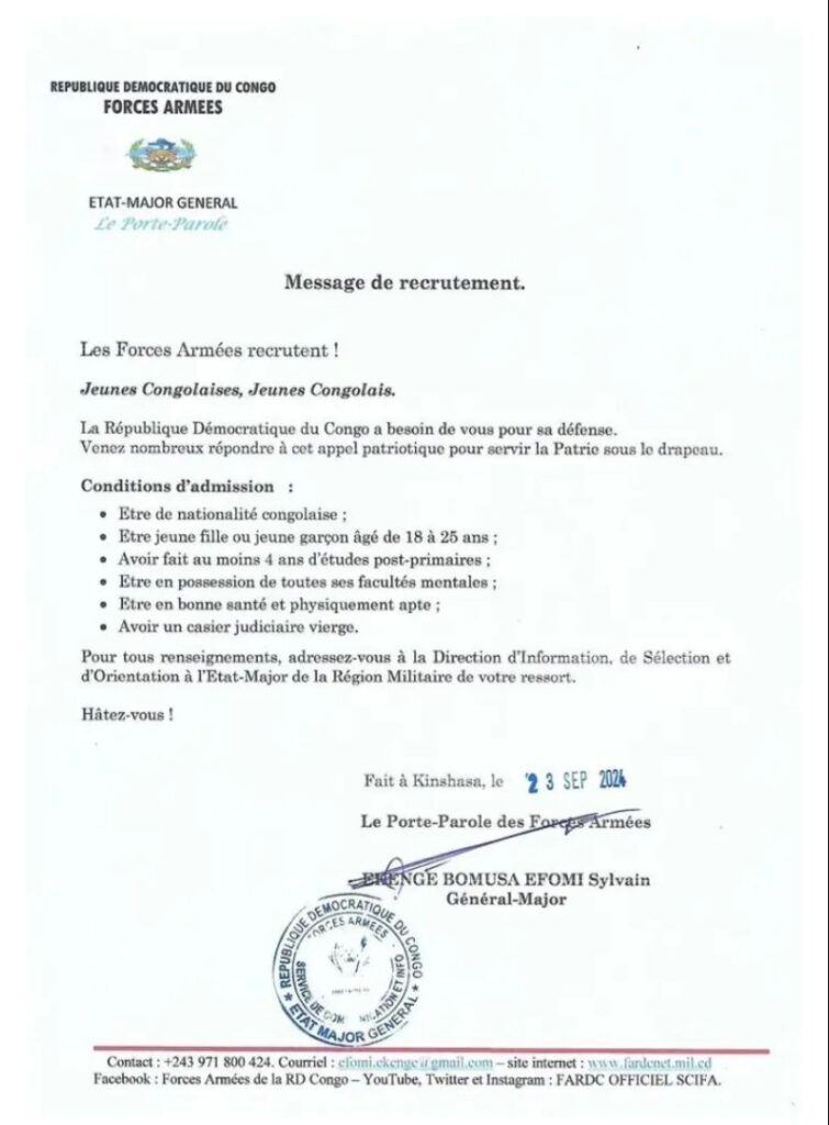 RDC : Les FARDC recrutent !Il – Congo Profond