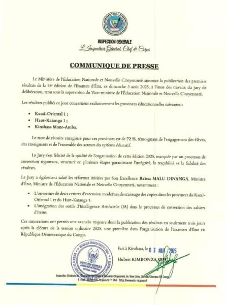 EXETAT 2025 : Publication des résultats pour le Kasaï Oriental 1, le ...