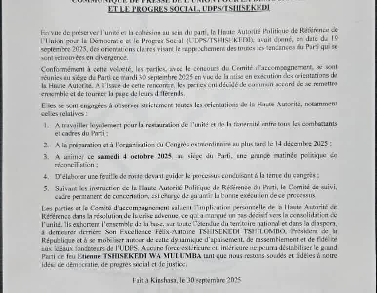 UDPS : le parti présidentiel s’engage sur la voie de la réunification ...